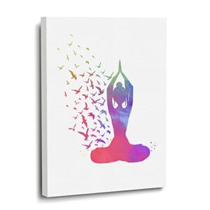 watercolor rainbow wall art, colorful yoga woman yoga studio sukhasana pose yoga room living room home decor, 1 sets 12×15 inch framed – 018