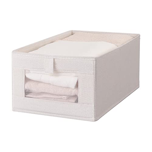 ANMINY Storage Bin Foldable Cotton Linen Fabric Open Storage Basket Box with Clear Mesh Window Washable Thick PP Board Decorative Closet Shelf Nursery Baby Kid Laundry Organizer – Beige, Small