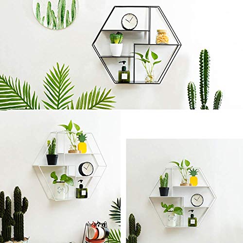 PIBM Stylish Simplicity Shelf Wall Mounted Floating Rack Shelves Hexagon Iron Art Storage Display Stand Study Room Shop Strong Bearing Capacity,2 Colors,4 Layers, Awhite , 52x11x45cm