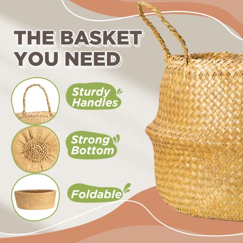 Yes4All Woven Seagrass Plant Basket, Handwoven Belly Basket For Plants, Wicker Planter Basket, Foldable Seagrass Belly Basket for Storage, Large Plant Baskets Indoor (Large Size 13.4 inches)