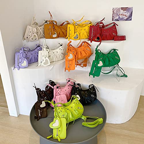 Retro Punk Style Rivet Hobo Bag + Mini Purses, Pleated Crescent Bag, Personality Satchels/Shoulder/Crossbody Bag for Women