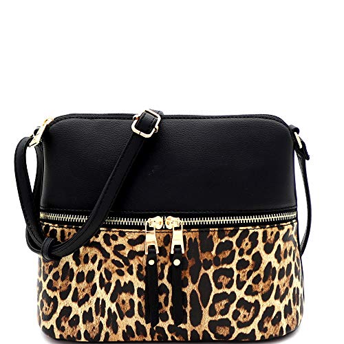 Womens Leopard Print Vegan Leather Dome Crossbody Purse Shoulder Bag (Leopard1 - Black/Leo)