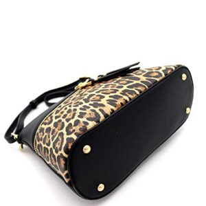 Womens Leopard Print Vegan Leather Dome Crossbody Purse Shoulder Bag (Leopard1 - Black/Leo)