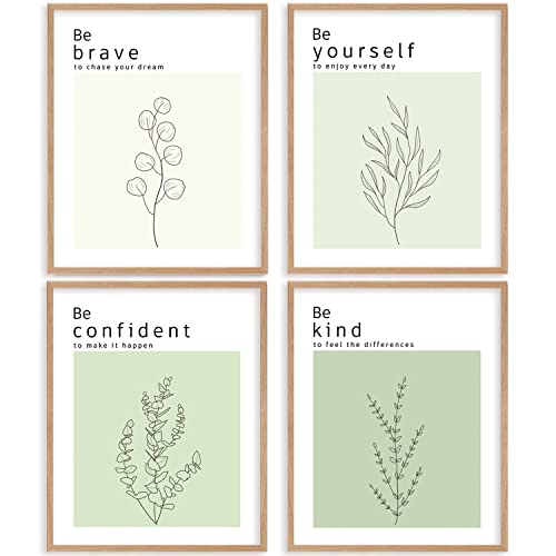 Sage Green Wall Art Office Decor, Inspirational Wall Art for Bedroom | Home Office | Classroom, Positive Motivational Affirmations Quotes Poster, Minimalist Botanical Aesthetic Room Decor Prints for Woman Men Kids, 8x10 Unframed,4PCS