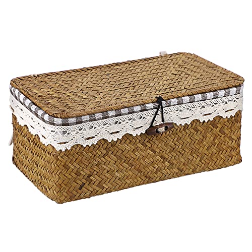 Hipiwe Wicker Storage Basket for Shelf Organizing Handwoven Seagrass Shelf Basket with Lid and Removable Fabric Liner Rectangular Household Basket Home Decorative Basket Bin, X-Small