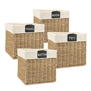 fragranthetic rectangular wicker baskets for shelves, seagrass hand-woven baskets with linings with name tags, 12 x 12 x 12 inches, 4-pack