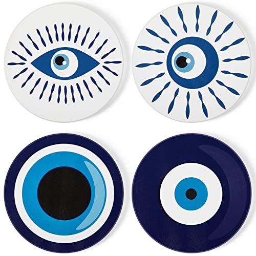 Set of 4 Evil Eye Coasters Evil Eye Decor for Drinks Ceramic Blue Coasters 4 Inches Round Absorbent Cup Mat with Cork Base Evil Eye Pattern for Drinks Coffee Home Table Decor Kitchen