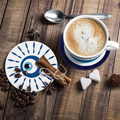 Set of 4 Evil Eye Coasters Evil Eye Decor for Drinks Ceramic Blue Coasters 4 Inches Round Absorbent Cup Mat with Cork Base Evil Eye Pattern for Drinks Coffee Home Table Decor Kitchen