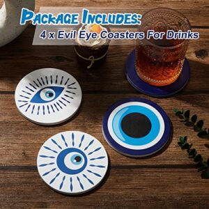 Set of 4 Evil Eye Coasters Evil Eye Decor for Drinks Ceramic Blue Coasters 4 Inches Round Absorbent Cup Mat with Cork Base Evil Eye Pattern for Drinks Coffee Home Table Decor Kitchen