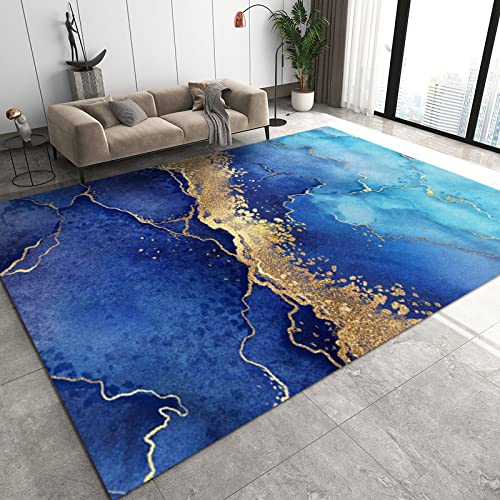 QINYUN Modern Light and Luxurious Area Rug, Blue Smudged Gold Fragment Bedroom Rug, Indoor Rug Durable, Comfortable and Non-Slip, Suitable for Living Room Apartment Entrance-5ft×6ft