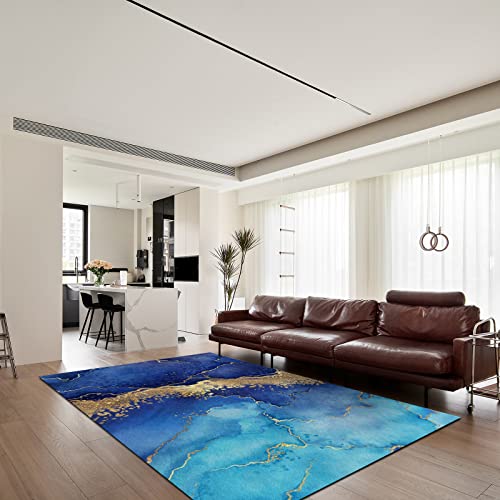 QINYUN Modern Light and Luxurious Area Rug, Blue Smudged Gold Fragment Bedroom Rug, Indoor Rug Durable, Comfortable and Non-Slip, Suitable for Living Room Apartment Entrance-5ft×6ft