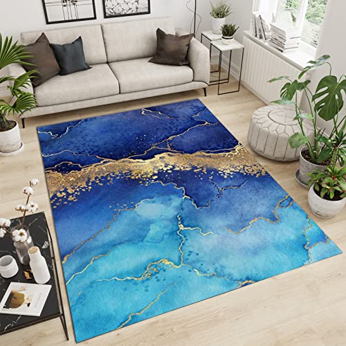 QINYUN Modern Light and Luxurious Area Rug, Blue Smudged Gold Fragment Bedroom Rug, Indoor Rug Durable, Comfortable and Non-Slip, Suitable for Living Room Apartment Entrance-5ft×6ft