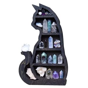 cat in the moon crystal wooden shelf,wooden crystal shelf jewelry holde,black cat crystal display durable shelf,gothic witchy room decorative for living, wall mounted crystal display shelf (cat)