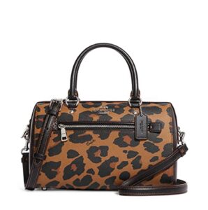 coach rowan satchel in leather, leopard/light saddle