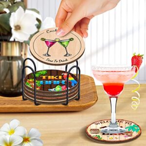 6pcs Drink Coasters with Holder Coasters for Drinks Thick Sturdy Absorbent Cork Coasters Funny Tiki Bar Designs for Coffee Cups Drinking Glasses Table Desk Protection Housewarming Gift Home Decor