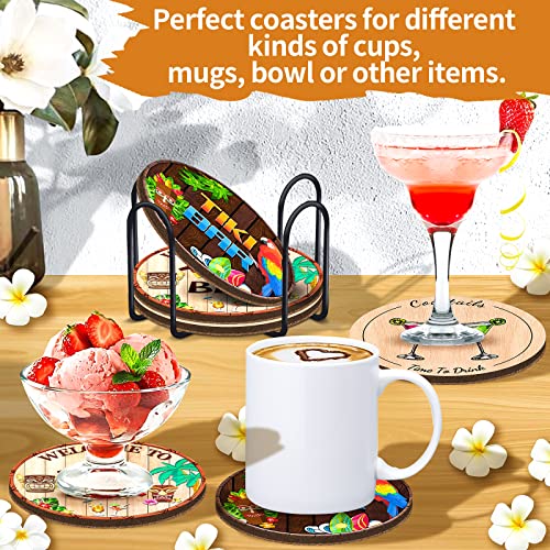 6pcs Drink Coasters with Holder Coasters for Drinks Thick Sturdy Absorbent Cork Coasters Funny Tiki Bar Designs for Coffee Cups Drinking Glasses Table Desk Protection Housewarming Gift Home Decor