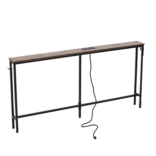 SUCRSIXBRO Console Table with Charging Station, 63’’ Narrow Sofa Table, Entryway Table with Outlets and USB Ports,Easy Assembly,Living Room, Bedroom,Rustic Brown