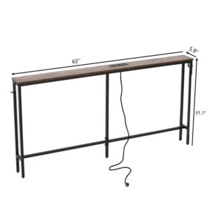 SUCRSIXBRO Console Table with Charging Station, 63’’ Narrow Sofa Table, Entryway Table with Outlets and USB Ports,Easy Assembly,Living Room, Bedroom,Rustic Brown