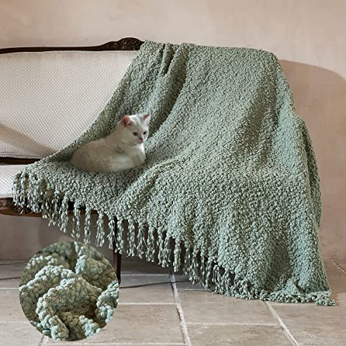 Amélie Home Textured Mulberry Woven Farmhouse Throw Blanket with Tassels Chunky Boho Knit Throw Blanket Room Decor (Sage Green, 50'' x 60'')