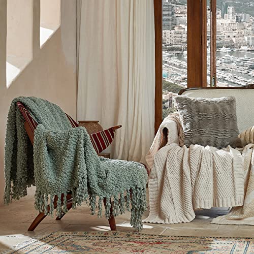 Amélie Home Textured Mulberry Woven Farmhouse Throw Blanket with Tassels Chunky Boho Knit Throw Blanket Room Decor (Sage Green, 50'' x 60'')