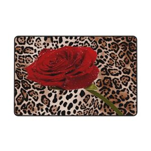 Soft Area Rug for Living Room,Leopard Red Rose Mix Wild Animal Leopard Print Pattern Background Romantic,Large Floor Carpets Doormat Non Slip Washable Indoor Rugs for Bedroom Kids Room 5 x 7Ft