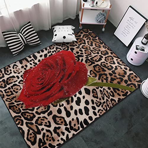 Soft Area Rug for Living Room,Leopard Red Rose Mix Wild Animal Leopard Print Pattern Background Romantic,Large Floor Carpets Doormat Non Slip Washable Indoor Rugs for Bedroom Kids Room 5 x 7Ft