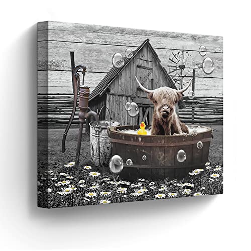 Farmhouse Bathroom Decor Wall Art Funny Highland Cow in Bathtub Pictures Wall Decor Rustic Bathroom Cow Painting for Bathroom Toilet Cattle Artwork Framed 16"x20"