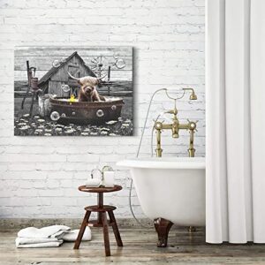 Farmhouse Bathroom Decor Wall Art Funny Highland Cow in Bathtub Pictures Wall Decor Rustic Bathroom Cow Painting for Bathroom Toilet Cattle Artwork Framed 16"x20"