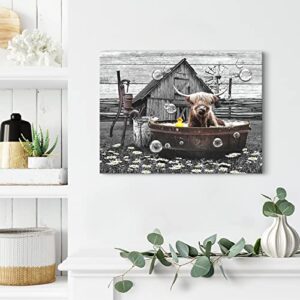 Farmhouse Bathroom Decor Wall Art Funny Highland Cow in Bathtub Pictures Wall Decor Rustic Bathroom Cow Painting for Bathroom Toilet Cattle Artwork Framed 16"x20"