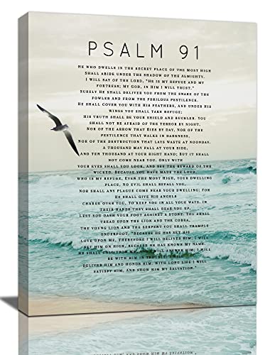 Tourrest Psalm 91 Wall Art Scripture Wall Decor Bible Verse Canvas Prints Christian Religous Framed Artwork for Bedroom Living Room Church 12"x16"