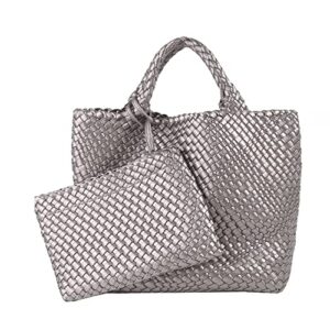 woven tote bag, women macaron soft leather weave handbag purse wrist bag large capacity work shopping travel daily (silver)