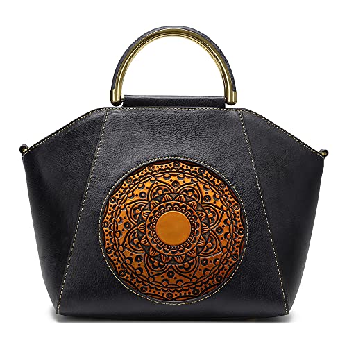 Women Genuine Leather Handbags, Organizer Retro Vegetable Tanning leather bag Vintage Embossing Totem Shoulder Bag (black)