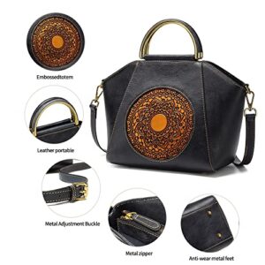 Women Genuine Leather Handbags, Organizer Retro Vegetable Tanning leather bag Vintage Embossing Totem Shoulder Bag (black)