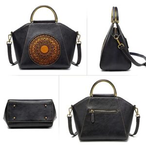 Women Genuine Leather Handbags, Organizer Retro Vegetable Tanning leather bag Vintage Embossing Totem Shoulder Bag (black)