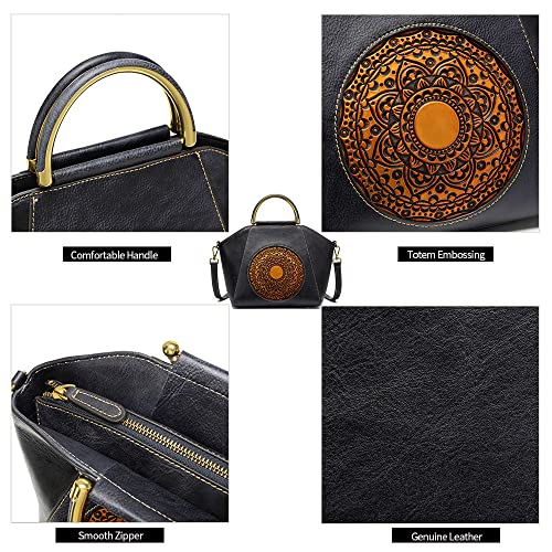 Women Genuine Leather Handbags, Organizer Retro Vegetable Tanning leather bag Vintage Embossing Totem Shoulder Bag (black)