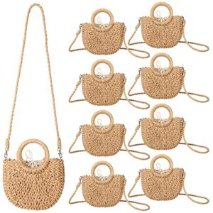 8 pcs semi circle straw bag women mini rattan straw bag handmade woven crossbody shoulder bag clutch tote purse top handle retro tote handbags for travel summer beach bride bag, khaki