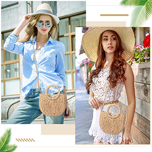 8 Pcs Semi Circle Straw Bag Women Mini Rattan Straw Bag Handmade Woven Crossbody Shoulder Bag Clutch Tote Purse Top Handle Retro Tote Handbags for Travel Summer Beach Bride Bag, Khaki