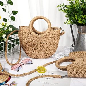 8 Pcs Semi Circle Straw Bag Women Mini Rattan Straw Bag Handmade Woven Crossbody Shoulder Bag Clutch Tote Purse Top Handle Retro Tote Handbags for Travel Summer Beach Bride Bag, Khaki