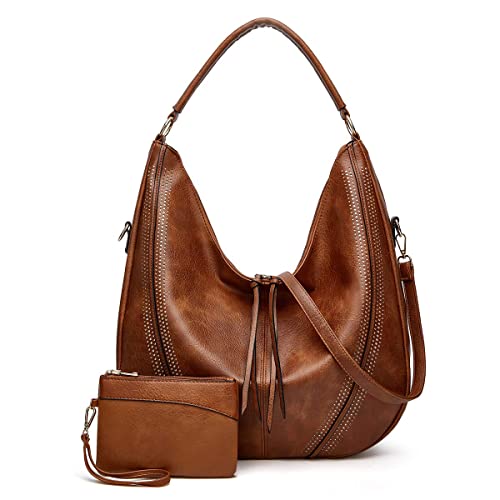 Hobo purses for Women Large Crossbody Bags Boho Satchel Bags with Tassel Ladies Leather Handbags with Crossbody Strap 2PC Brown