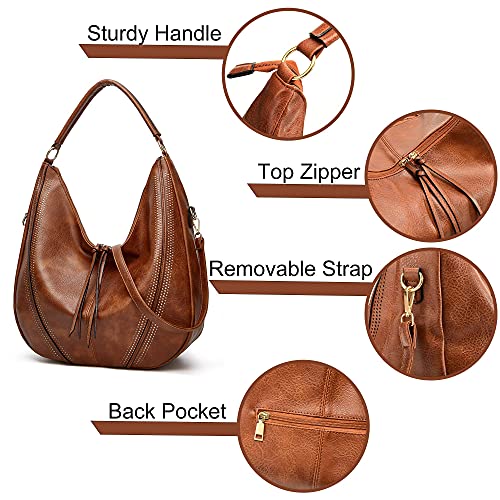 Hobo purses for Women Large Crossbody Bags Boho Satchel Bags with Tassel Ladies Leather Handbags with Crossbody Strap 2PC Brown