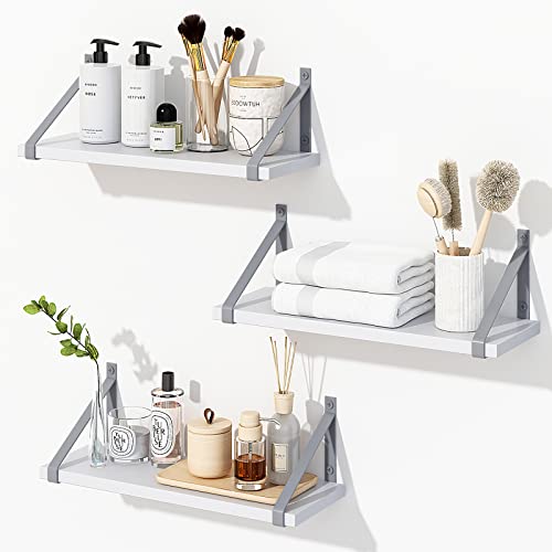 Fixwal White Floating Shelves, Wall Mounted Bathroom Shelves Set of 3, Farmhouse Wall Decor for Bedroom, Kitchen, Living Room and Plants (Gray Bracket)