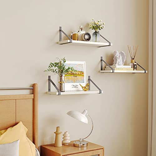 Fixwal White Floating Shelves, Wall Mounted Bathroom Shelves Set of 3, Farmhouse Wall Decor for Bedroom, Kitchen, Living Room and Plants (Gray Bracket)