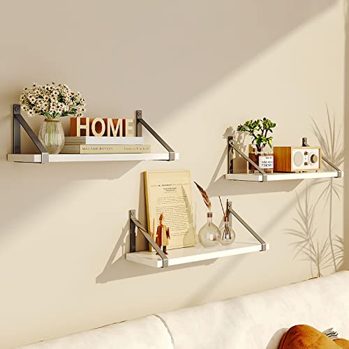 Fixwal White Floating Shelves, Wall Mounted Bathroom Shelves Set of 3, Farmhouse Wall Decor for Bedroom, Kitchen, Living Room and Plants (Gray Bracket)