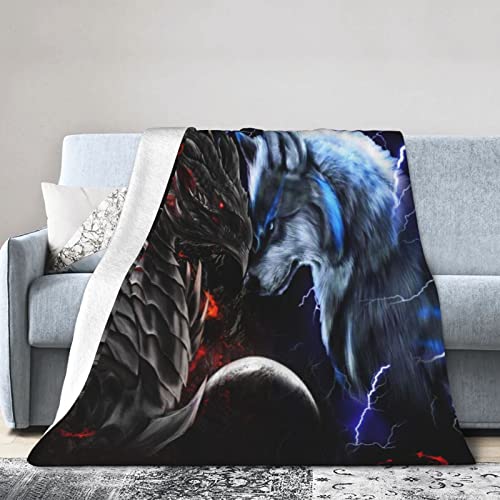 Cool Dragon and Wolf Flannel Fleece Blanket Printed Ultra-Soft Warm Throw Blankets Anti-Pilling for Bed Couch Sofa Travel Camping 80"X60"