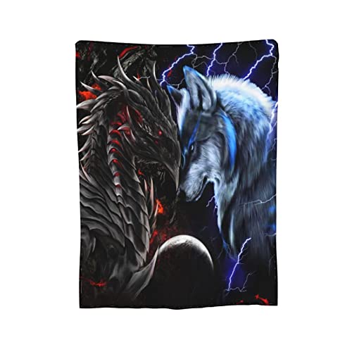 Cool Dragon and Wolf Flannel Fleece Blanket Printed Ultra-Soft Warm Throw Blankets Anti-Pilling for Bed Couch Sofa Travel Camping 80"X60"