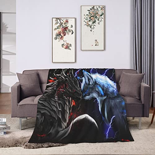 Cool Dragon and Wolf Flannel Fleece Blanket Printed Ultra-Soft Warm Throw Blankets Anti-Pilling for Bed Couch Sofa Travel Camping 80"X60"