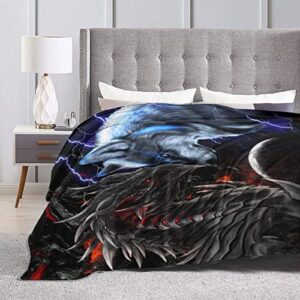 Cool Dragon and Wolf Flannel Fleece Blanket Printed Ultra-Soft Warm Throw Blankets Anti-Pilling for Bed Couch Sofa Travel Camping 80"X60"