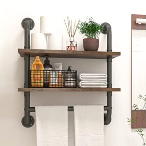 homaterial industrial pipe shelving bathroom shelves wall mounted with towel bar,23.5in adjustable rustic wood floating shelf,2 tier farmhouse towel rack metal wall shelf for home&bathroom