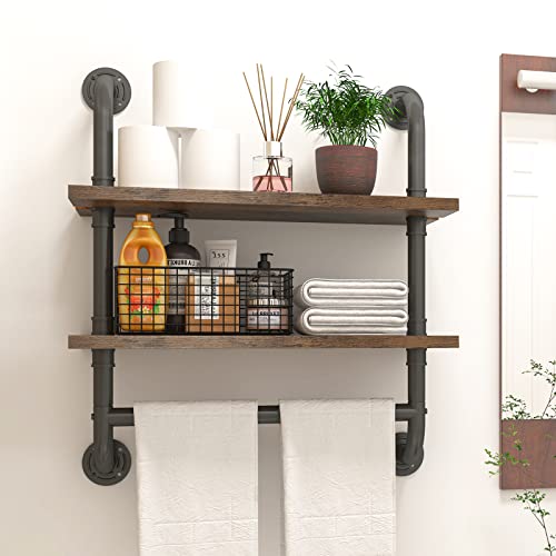 Homaterial Industrial Pipe Shelving Bathroom Shelves Wall Mounted with Towel Bar,23.5in Adjustable Rustic Wood Floating Shelf,2 Tier Farmhouse Towel Rack Metal Wall Shelf for Home&Bathroom