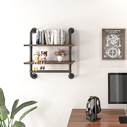 Homaterial Industrial Pipe Shelving Bathroom Shelves Wall Mounted with Towel Bar,23.5in Adjustable Rustic Wood Floating Shelf,2 Tier Farmhouse Towel Rack Metal Wall Shelf for Home&Bathroom